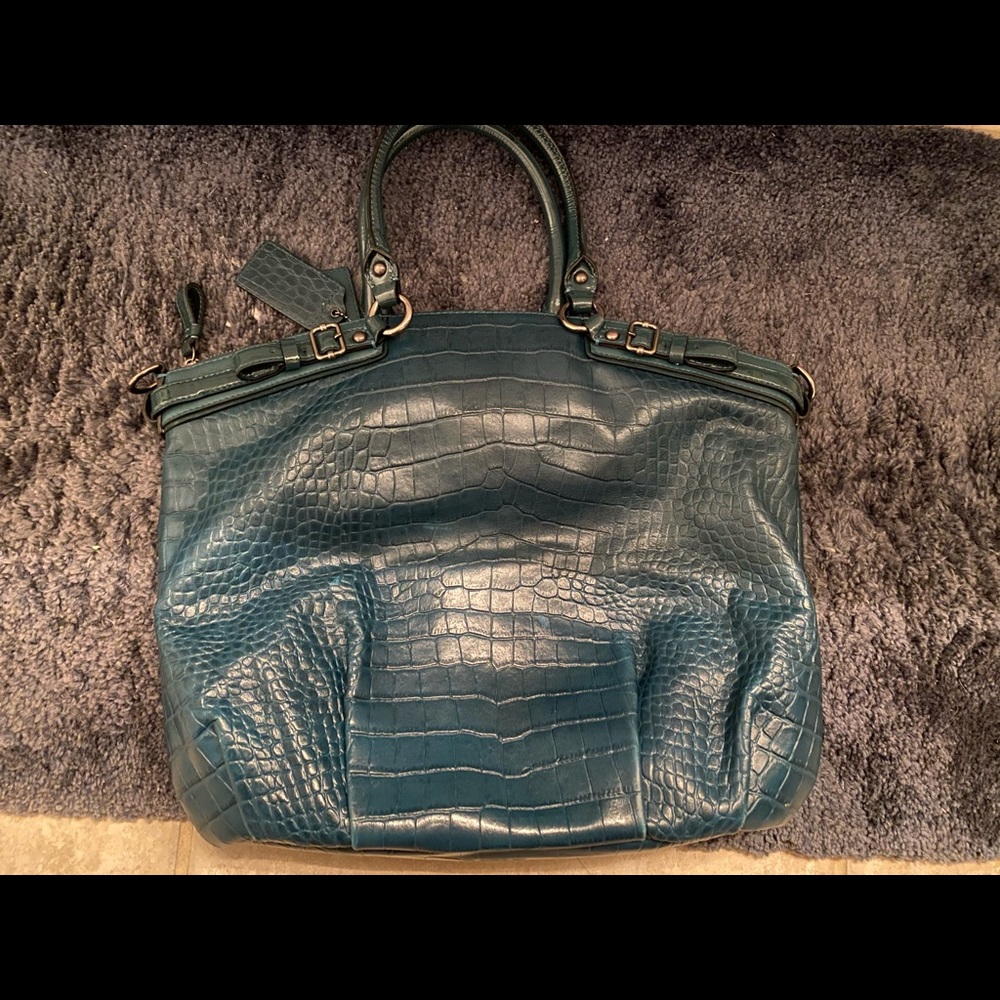 Coach Lindsey Teal Croc Embossed Bag - Gem